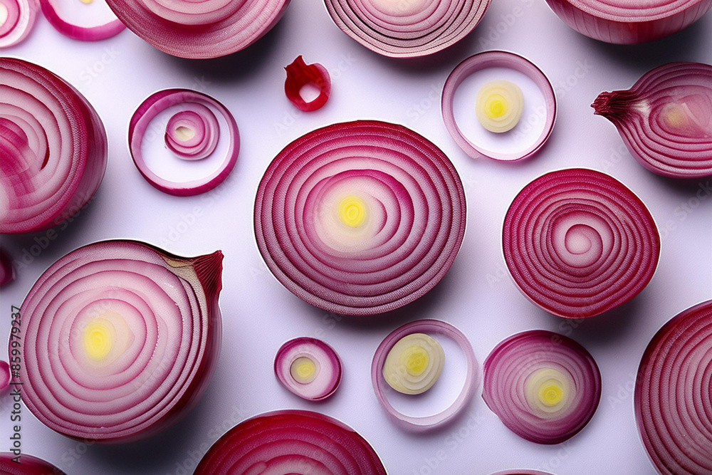 Several slices of red onion with concentric rings visible, arranged in ...