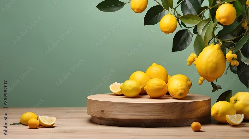 Citrus yellow backdrop with lemon podium product fruit platform ...