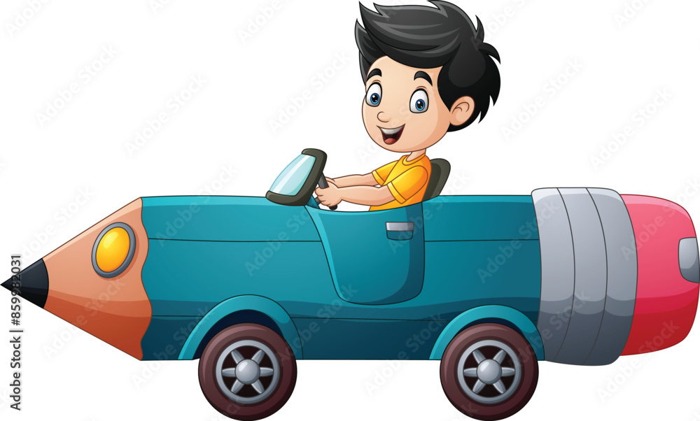 Cartoon boy riding a pencil car Stock Vector | Adobe Stock