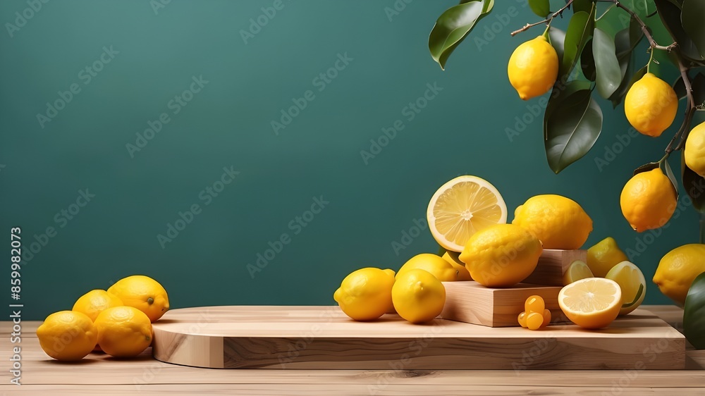 Citrus yellow backdrop with lemon podium product fruit platform ...