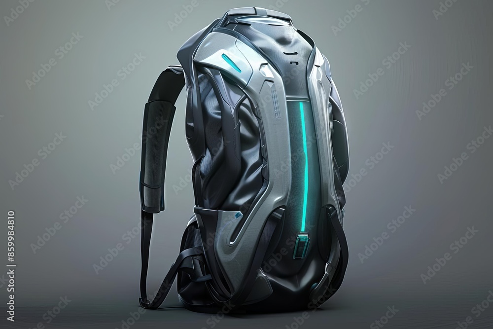 Design a digital illustration of a sleek, futuristic backpack crafted ...