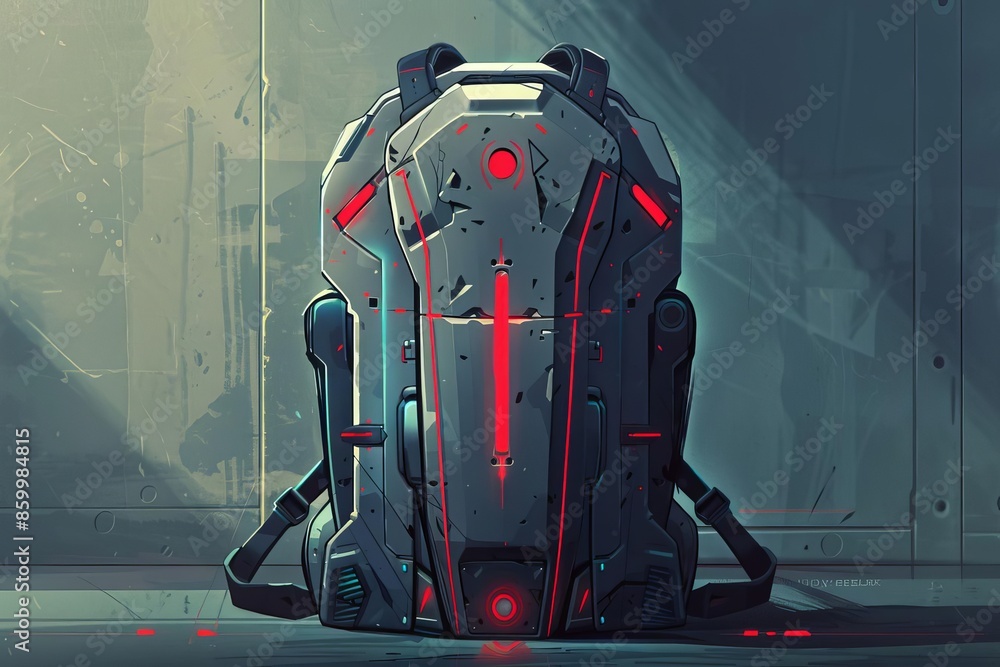 Design a digital illustration of a sleek, futuristic backpack crafted ...