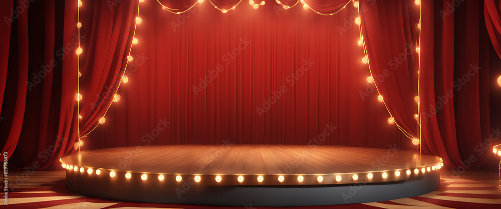 Circus stage podium background 3D carnival light red show curtain ...
