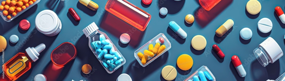 Array of liquid medications and droppers flat design top view ...