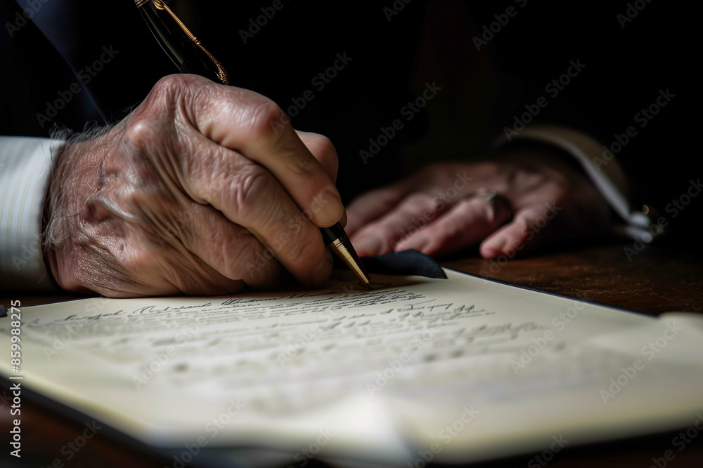 man is writing on a piece of paper with a pen. Concept of importance ...