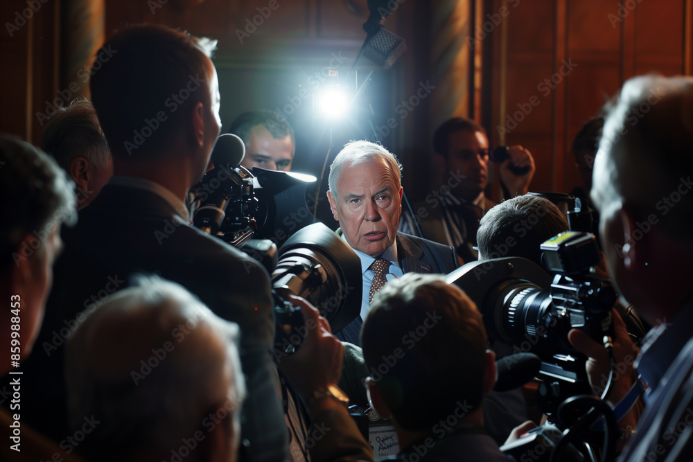 man is being interviewed by a group of reporters. The man is wearing a ...