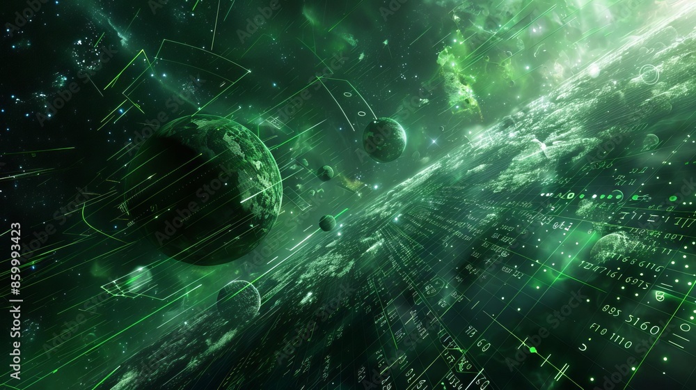 green grid and lines of binary code transforming into the whole ...