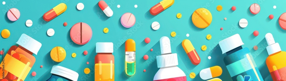 Array of liquid medications and droppers flat design top view ...