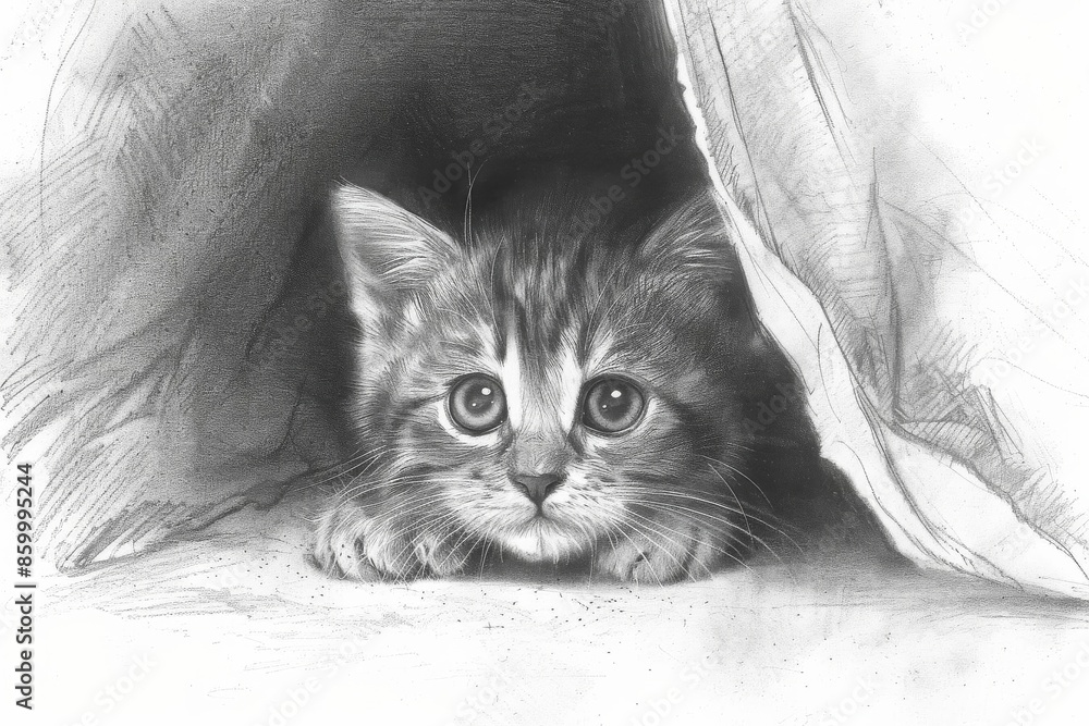 Illustrate a charming, wide-eyed kitten at eye level, peeking out from ...