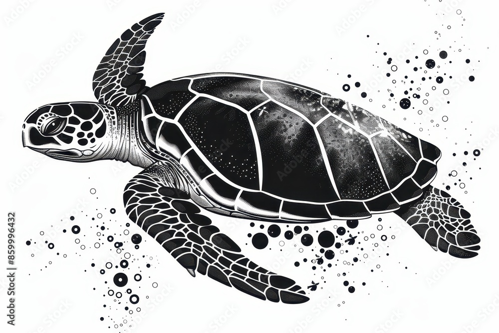 Sea Turtle with cute designs, line art, line drawing, black isolated on ...