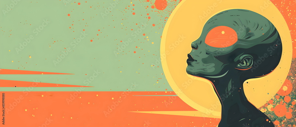 Colorful vector illustration of a alien face and spaceship flying over ...