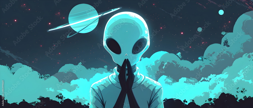 Colorful vector illustration of a alien face and spaceship flying over ...