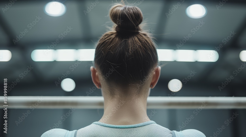 Detailed shot of female gymnast's back and shoulders, muscles flexed as ...