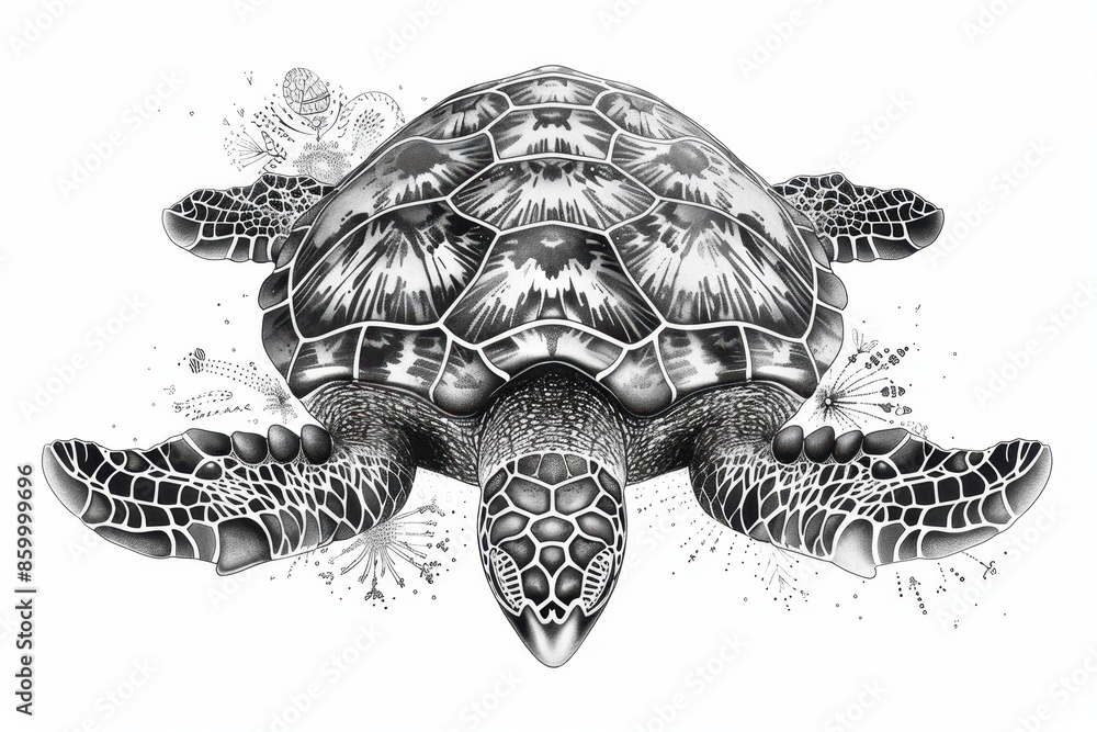 Elegant line drawing of a turtle with a mandala design, white ...