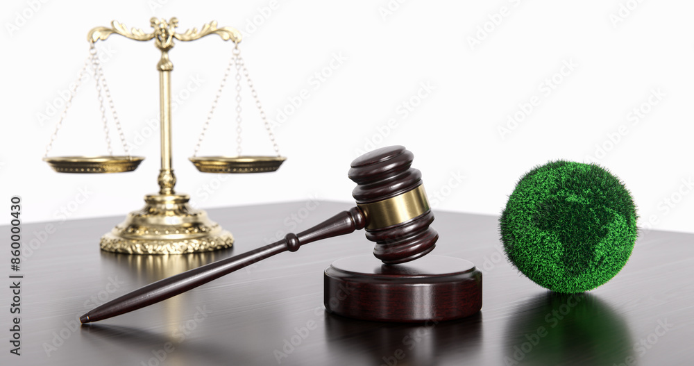 Environment Law. Green Globe World, Scales of justice and the judge's gavel hammer ...