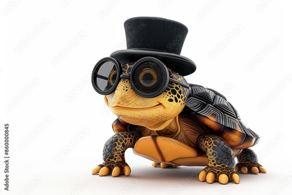 Cute cartoon turtle wearing a top hat and monocle, white background ...