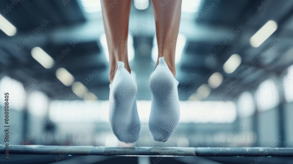 Focus on female gymnast's feet and legs during a dismount from the ...