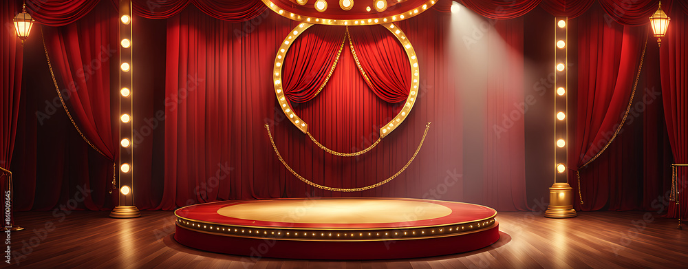 Circus stage podium background 3D carnival light red show curtain ...
