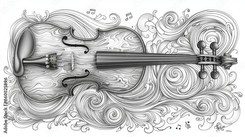 ภาพประกอบสต็อก A detailed coloring page of a violin, featuring ...