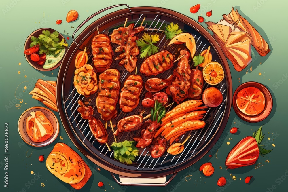 barbecue party flat design top view summer cookout cartoon drawing ...