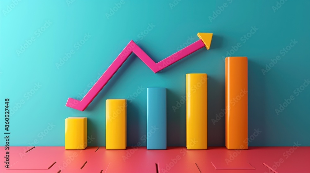 2D graphic of an investment icon depicting an upward arrow and bar ...