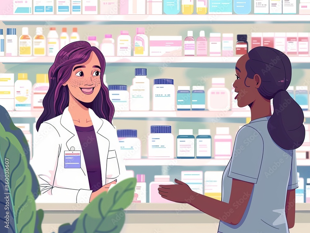 Two cartoon characters, a pharmacist and a customer, in a vibrant ...