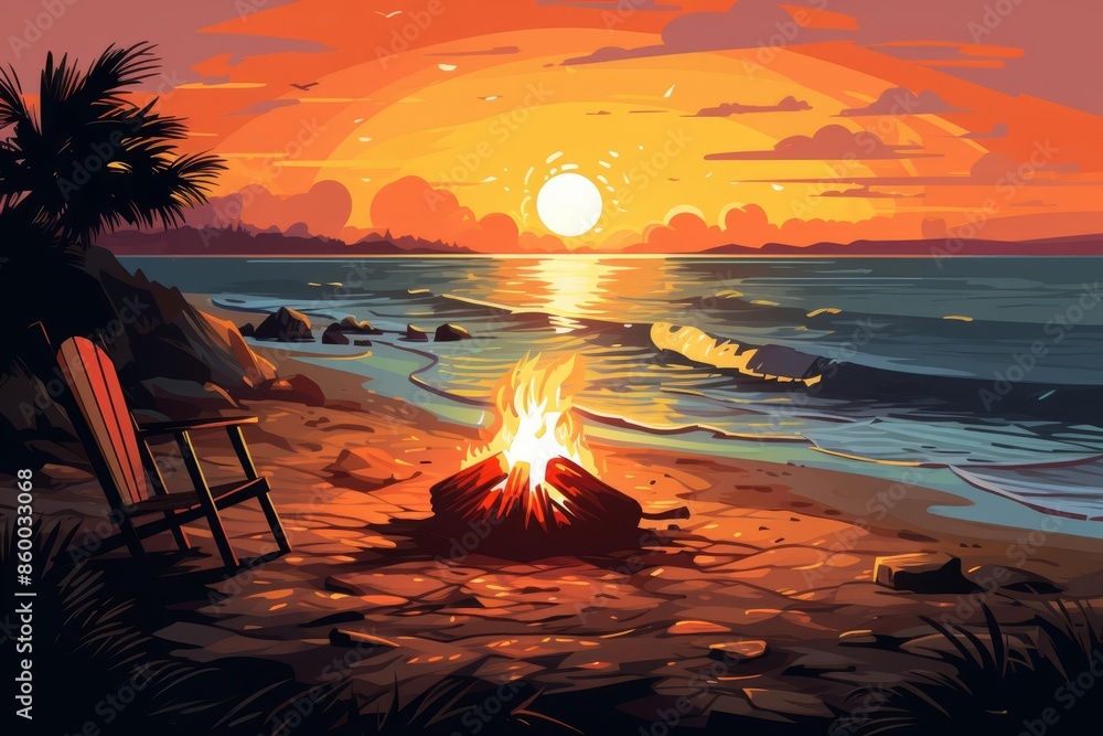 Bonfire on the beach during summer solstice flat design, top view ...