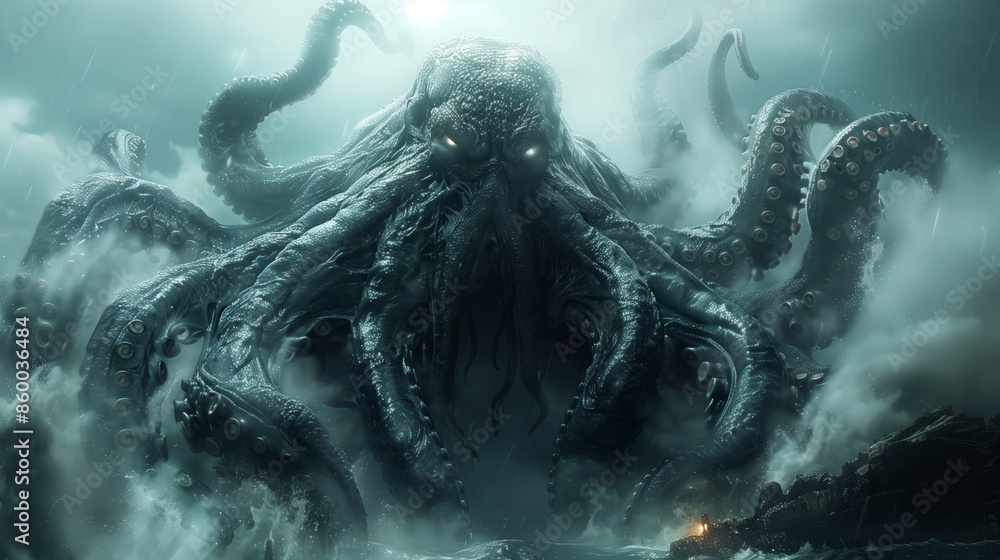 Photo & Art Print A colossal creature with tentacles reaching out from ...