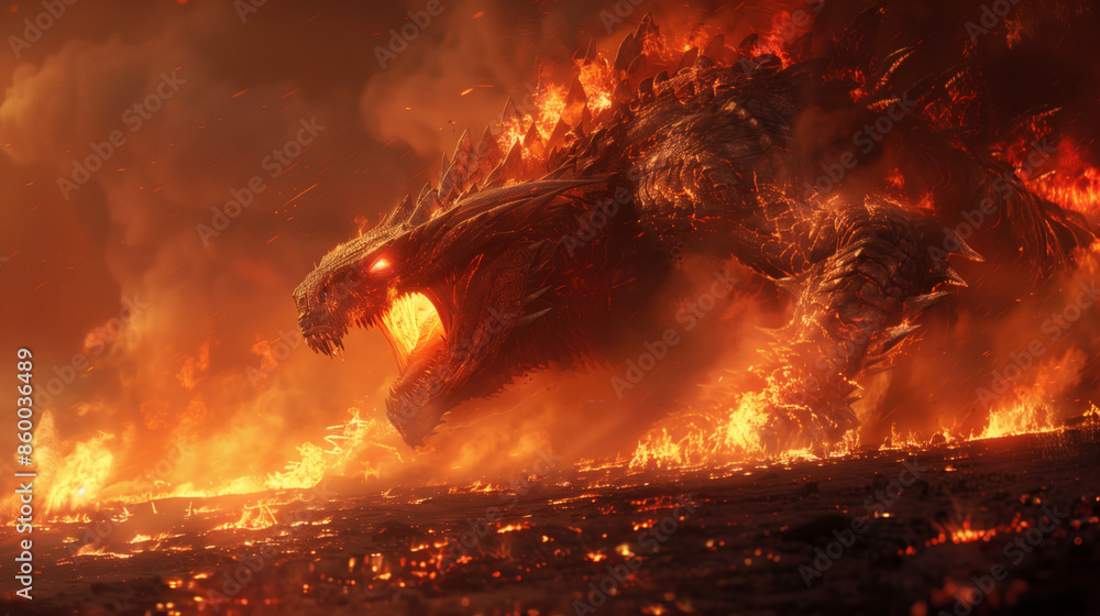 A colossal, skeletal dragon with glowing red eyes unleashes a torrent ...