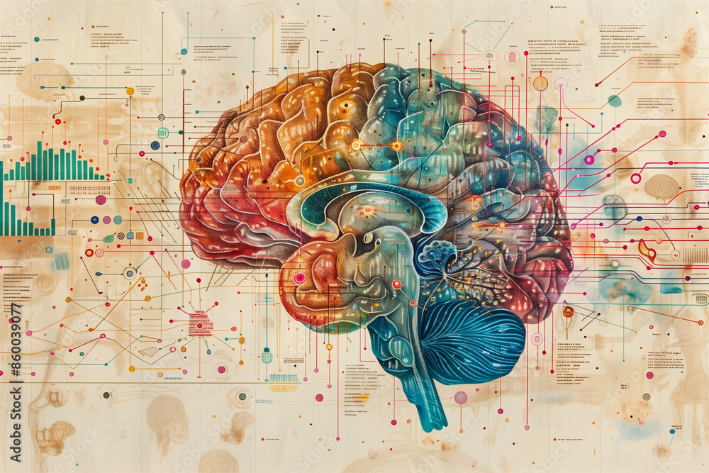 AI image of the human brain, showcasing highlighted regions and their ...
