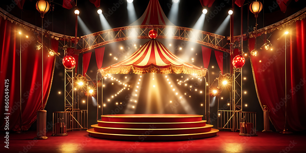 Circus stage podium background 3D carnival light red show curtain ...