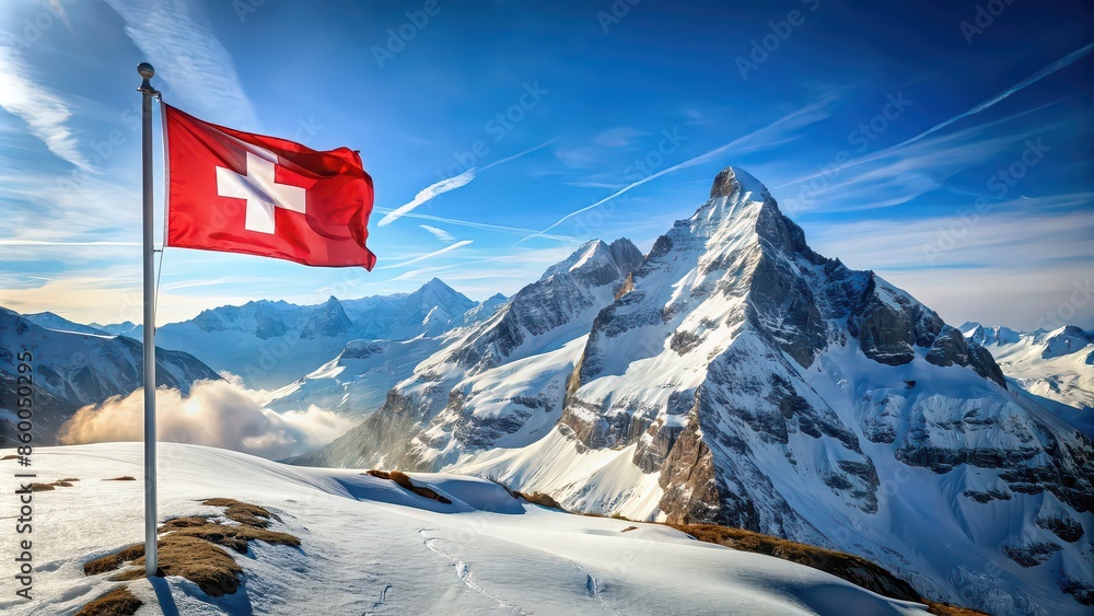Swiss flag flying proudly on a snowy mountain peak, Switzerland, flag ...