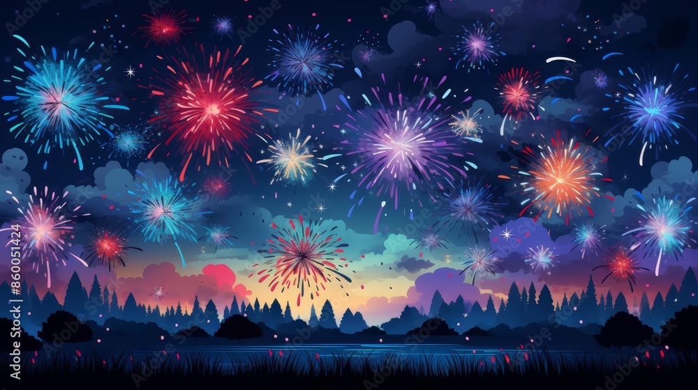 fireworks display flat design top view summer festival cartoon drawing ...