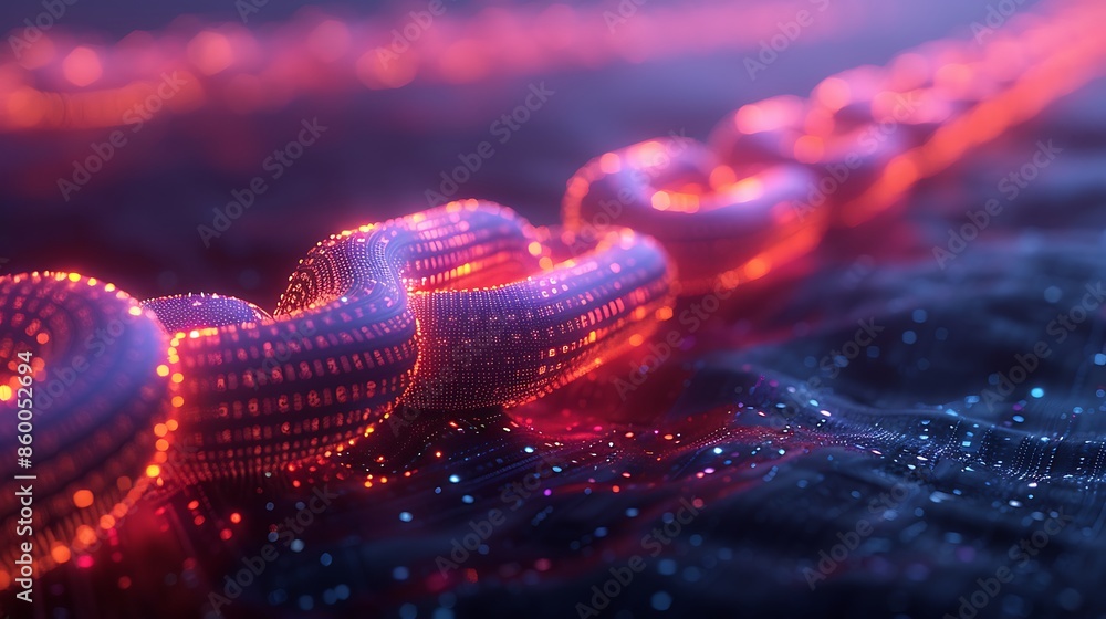 A realistic depiction of blockchain technology, with interconnected digital blocks and chains ...