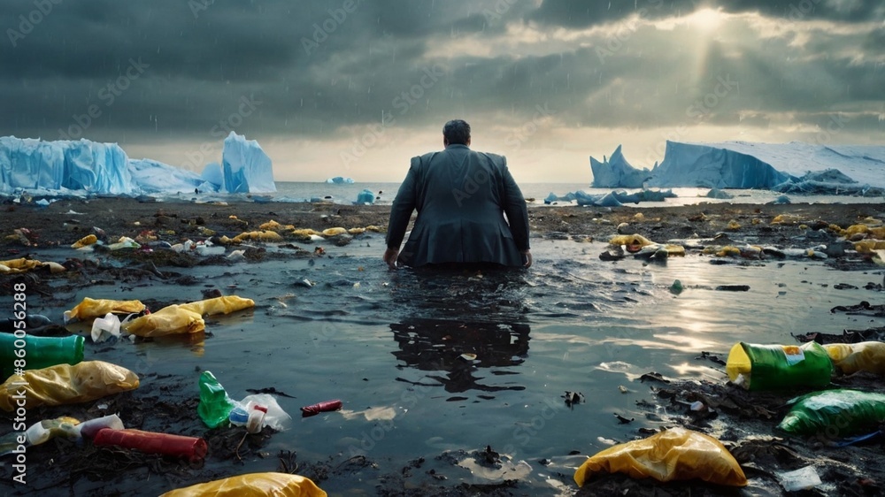 Gluttony Amidst Environmental Chaos: A Fat Businessman Feasts in a Sea ...