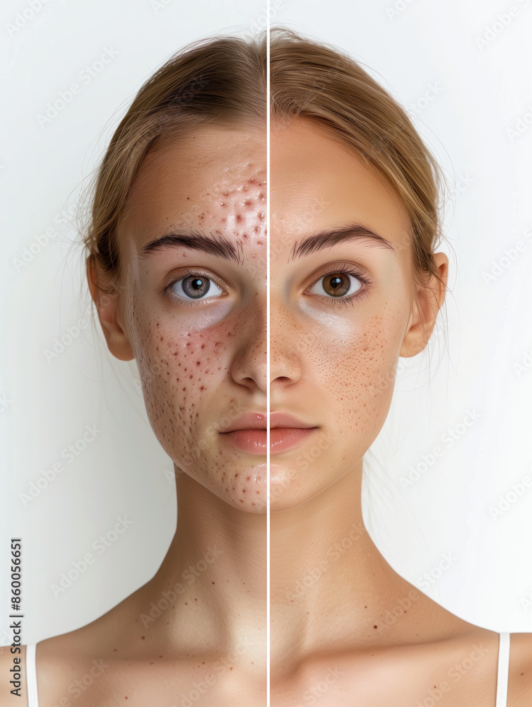 Pimples and acne on the woman`s face before and after. Cosmetics to ...