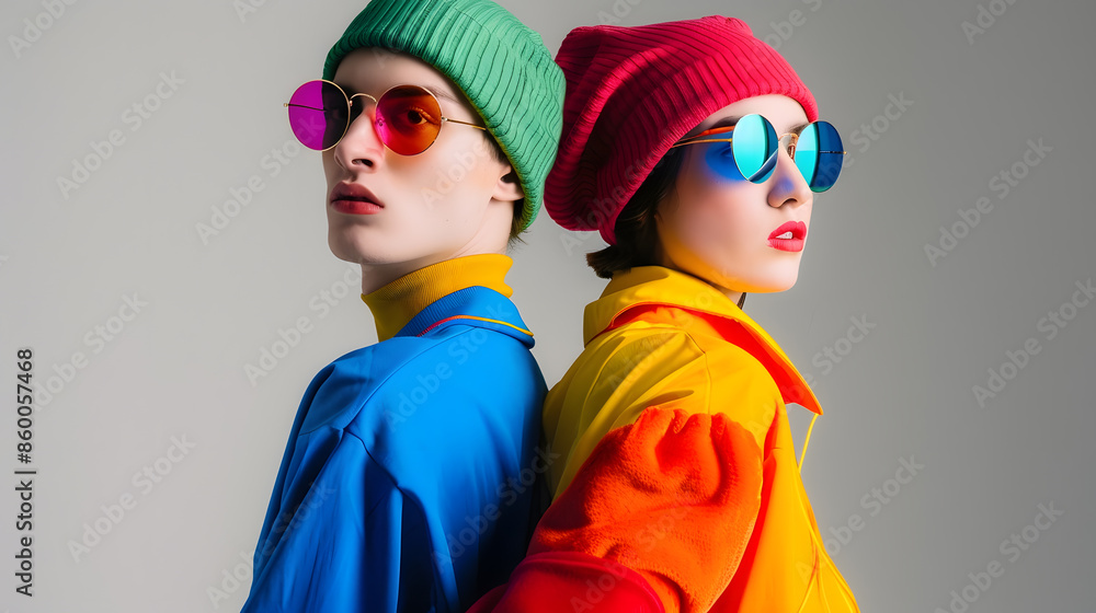 Collage Extraordinary young people man and woman in bright clothes ...