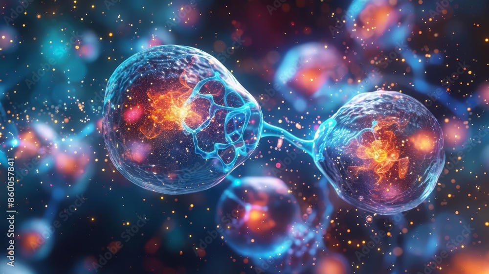 Poster, Foto Microscopic view of cell division with vibrant colors and ...