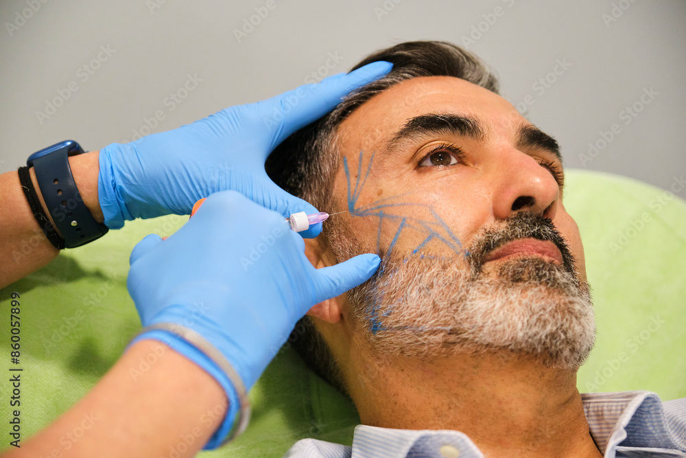 A man is getting a procedure done on his face. A man is getting a ...