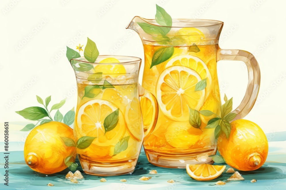 Lemonade pitcher with lemons flat design, front view, summer ...
