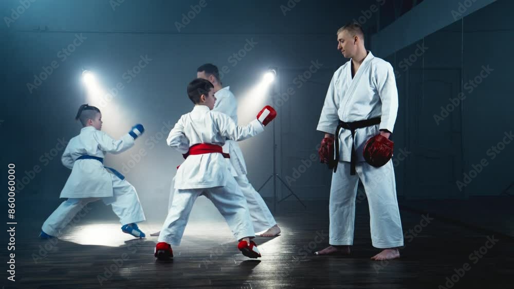 Coach and children in karate class. Kids training karate in smoky room ...