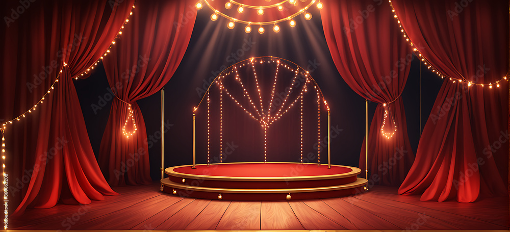 Circus stage podium background 3D carnival light red show curtain ...