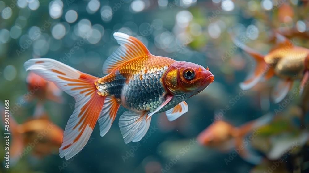 goldfish in bright red and white. Green water plants and gray. Stock ...