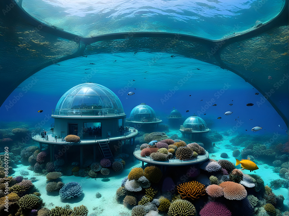 Underwater facility with large glass domes, filled with cutting-edge ...