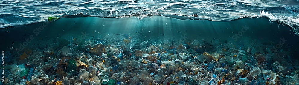 Ocean pollution with plastic waste floating on the surface of the water ...