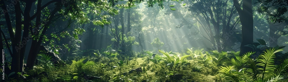 A realistic 3D render of a lush, green forest with sunlight filtering ...