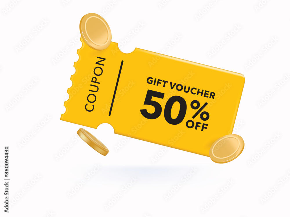 3D Gift voucher with yellow coupon. For sales and Discount online ...