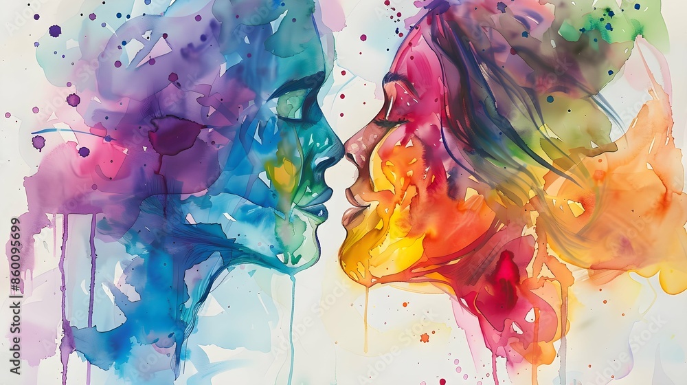 Watercolor depiction of two lovers merging, vibrant and fluid colors ...