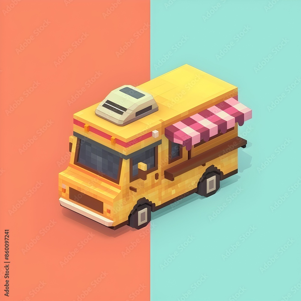 Colorful Retro Isometric Pixel Art Food Truck with Striped Awning on ...
