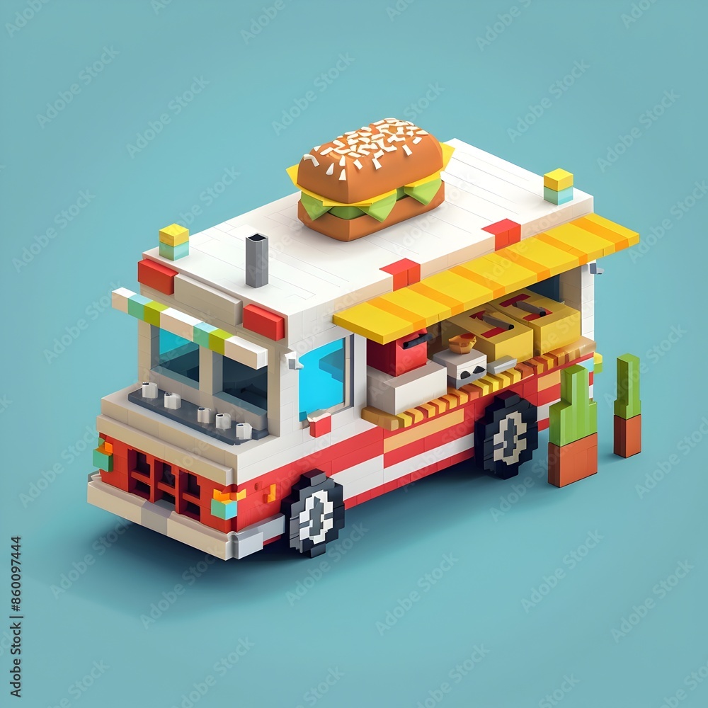 Cute Isometric 3D Pixel Art Food Truck on Colored Background for Mobile ...